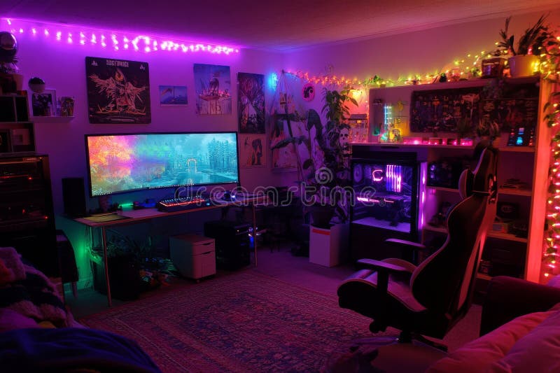 Gaming Room with Neon Lights and Modern Computer Stock Image - Image of ...