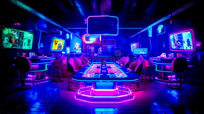 Gaming Room with Neon Lights and Table with Game on it. Generative AI ...