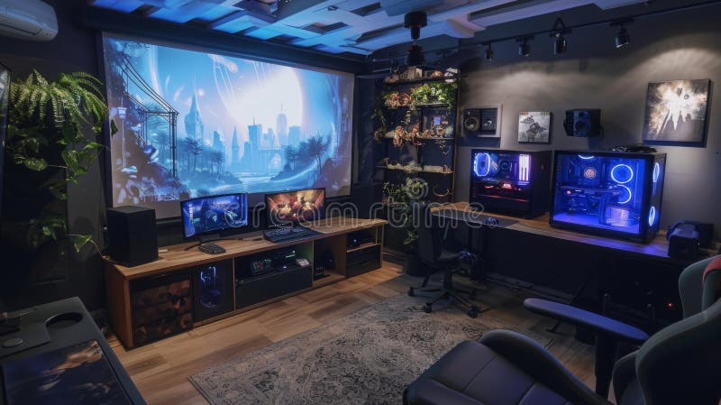 Gaming Room with Projector and Custom PC Setup Stock Photo - Image of ...