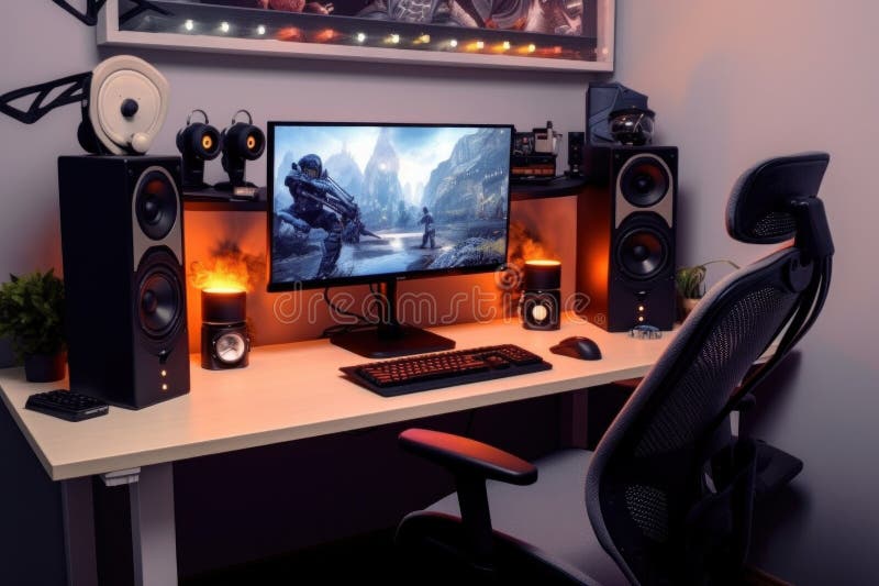 Gaming room with RGB light stock photo. Image of setup - 291584074