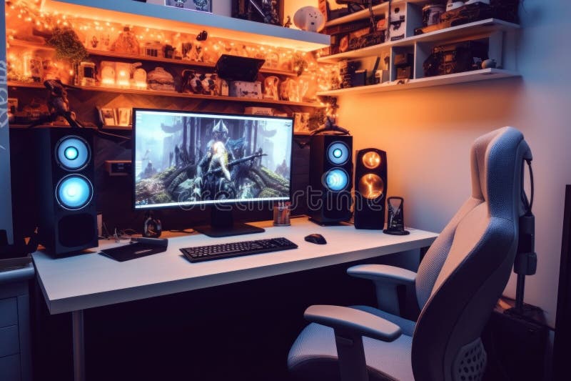 Gaming room with RGB light stock image. Image of night - 291584221