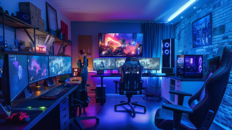 Gaming Room Setup with Multiple Monitors Stock Image - Image of esports ...