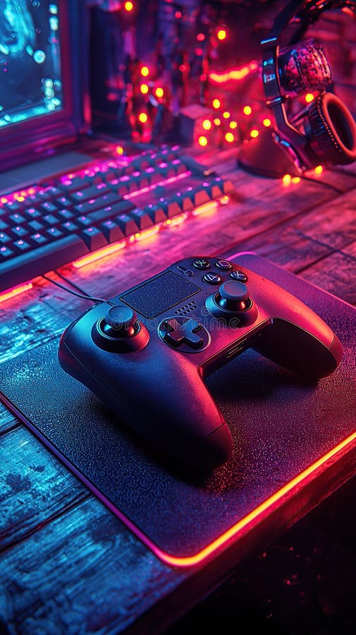 A Gaming Setup with a Controller, Keyboard, and Headset, Lit Up with ...
