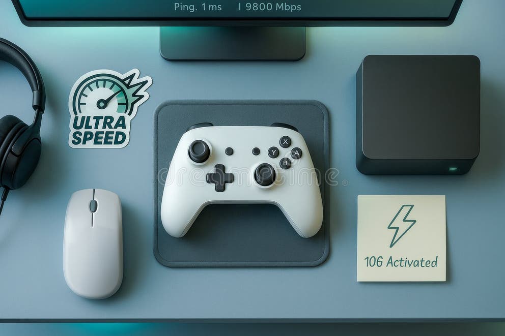 Gaming Setup with Controller, Mouse, Headphones, and 10G Internet Note ...