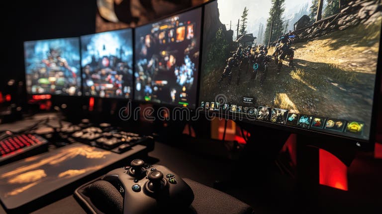 A Gaming Setup Featuring Multiple Monitors Displaying Gameplay and a ...
