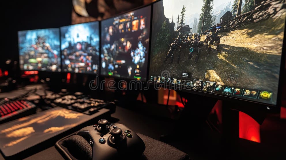 A Gaming Setup Featuring Multiple Monitors Displaying Gameplay and a ...