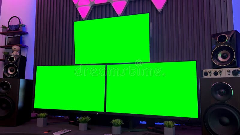 Gaming Setup with Green Screen Monitors and Speakers for Live Streaming ...