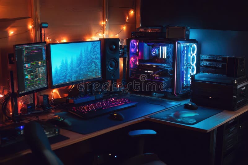 Gaming Setup with Illuminated Desktop Computer and Dual Monitors at ...