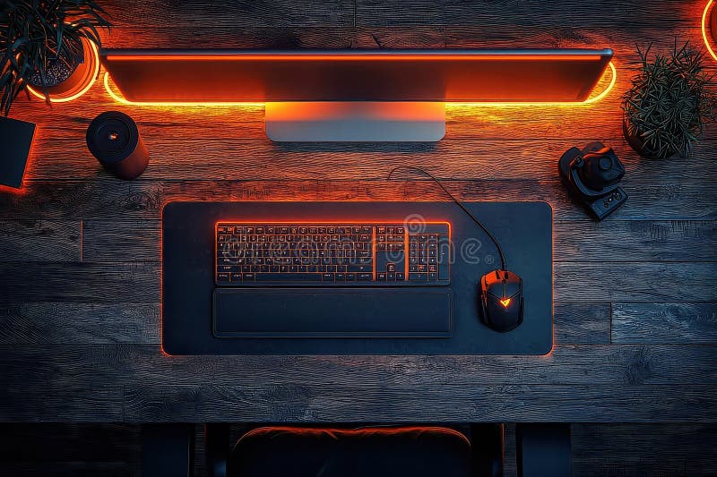 Gaming Setup with Keyboard, Mouse, and Monitor with Orange Backlight ...