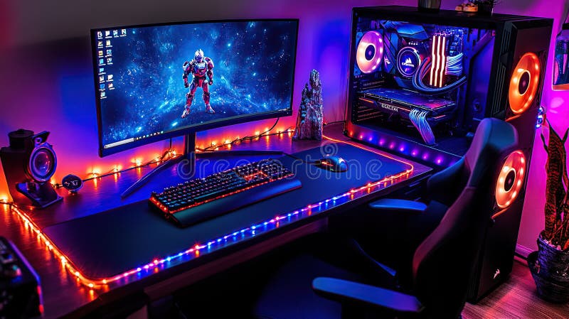 Gaming Setup with LED Lights and Curved Monitor Stock Illustration ...