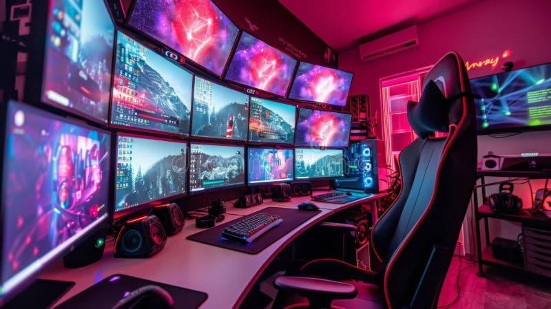 Gaming Setup with Multiple Monitors Stock Photo - Image of desk ...