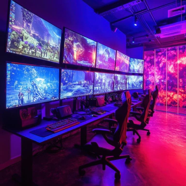 Gaming Setup with Multiple Monitors and Neon Lights Stock Illustration ...