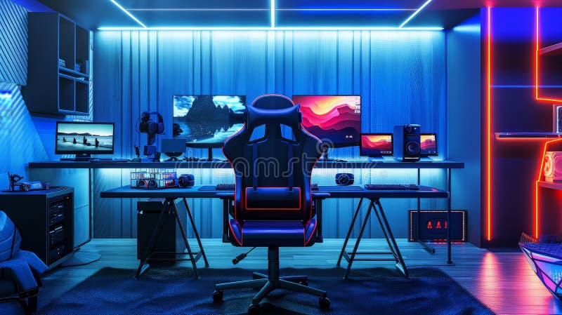 Gaming Setup with Neon Lights Stock Illustration - Illustration of ...