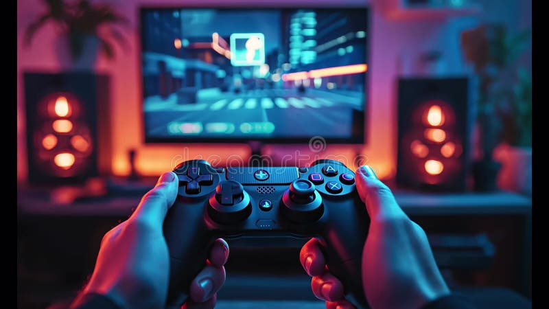 Gaming Setup Ps Controller Playing Video Game Console Gamer Hands Neon ...