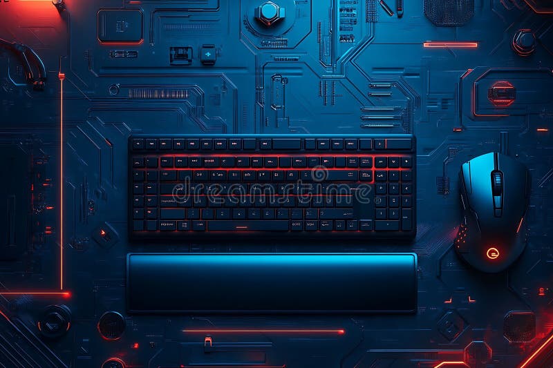 Gaming Setup with Red and Blue Lighting Stock Illustration ...