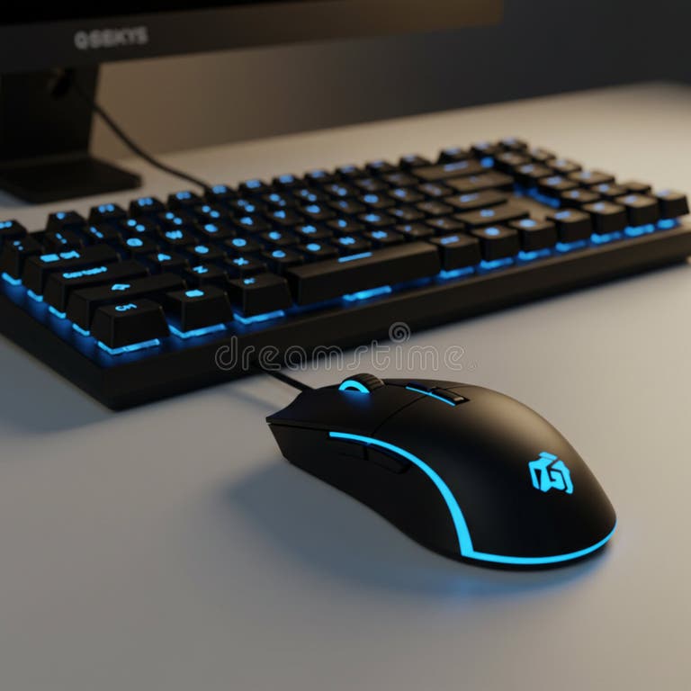 A Gaming Setup with a Sleek Black Keyboard and Mouse Featuring Blue LED ...