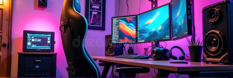 Gaming Setup Rgb Lighting Triple Monitors Chair Stock Photos - Free ...