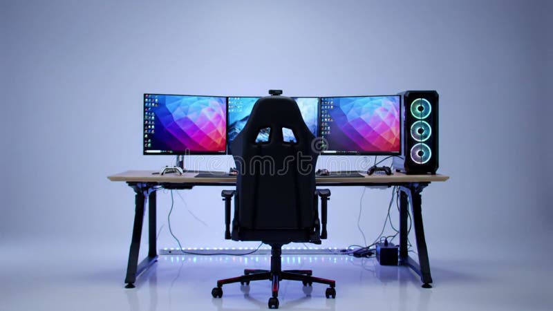 Gaming Setup with Triple Monitors, RGB PC Case, and Ergonomic Chair in ...