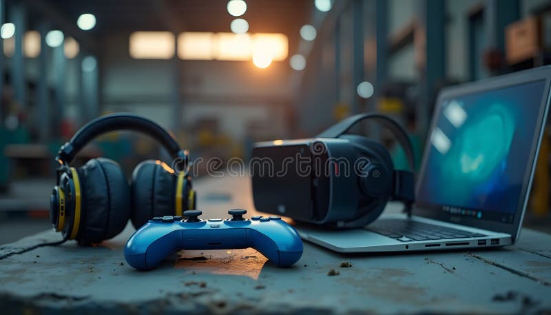 Gaming Setup with Vr Headset Controller and Laptop Stock Photo - Image ...