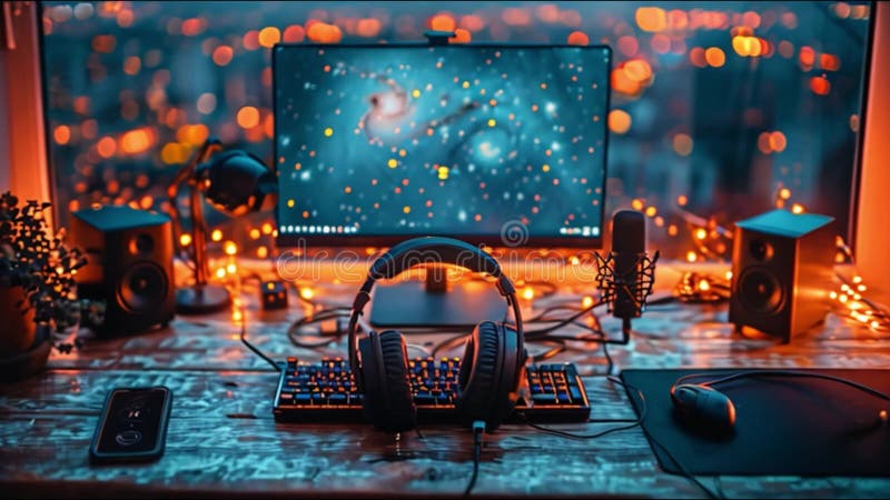 A Gaming and Streaming Setup with Headphones, Microphone, Speakers, and ...