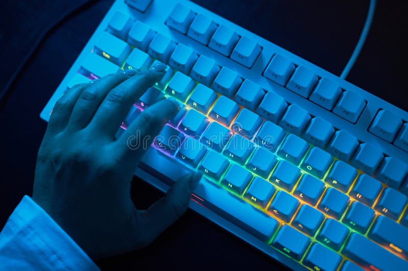 Gaming on White LED Keyboard Stock Photo - Image of blue ...