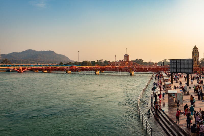Ganges River Bank with Devotee Crowed at Evening from Flat Angle ...