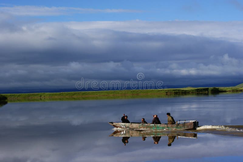 Gansu, China: Four Men in Wooden Boat Editorial Stock Image - Image of ...