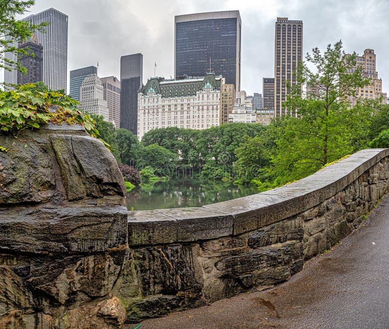 Gapstow Bridge in Central Park, in Rain Stock Photo - Image of trees ...
