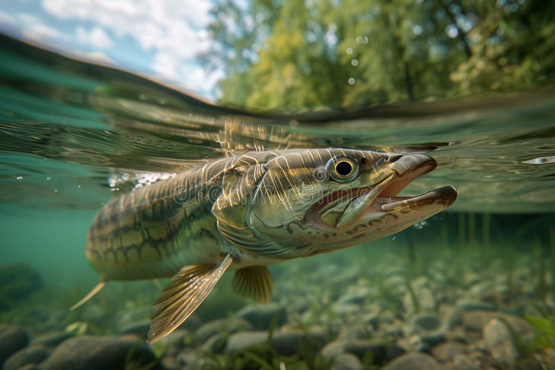 Gar Fish Lurking Beneath the Lakes Surface. Ai Generative Stock Photo ...