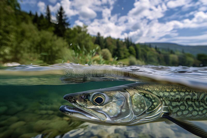 Gar Fish Lurking Beneath the Lakes Surface. Ai Generative Stock Image ...
