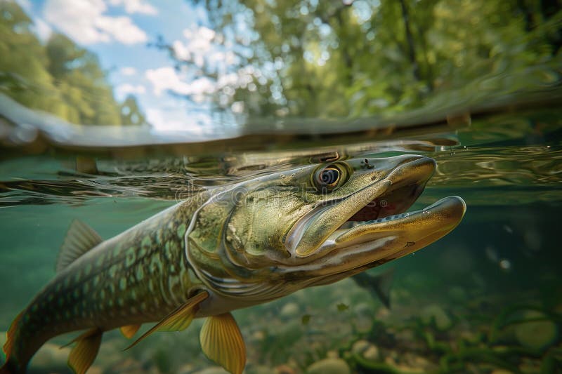 Gar Fish Lurking Beneath the Lakes Surface. Ai Generative Stock Image ...