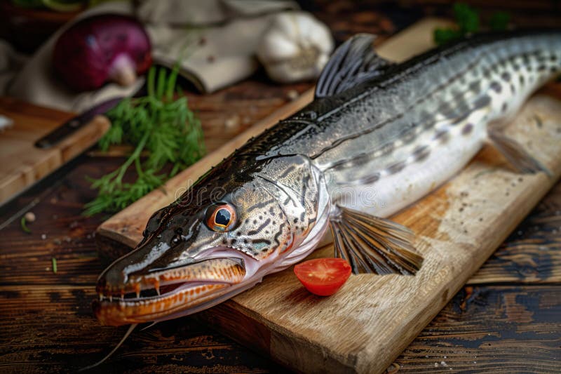 Gar Fish on the Rustic Wooden Board in the Kitchen. Ai Generative Stock ...