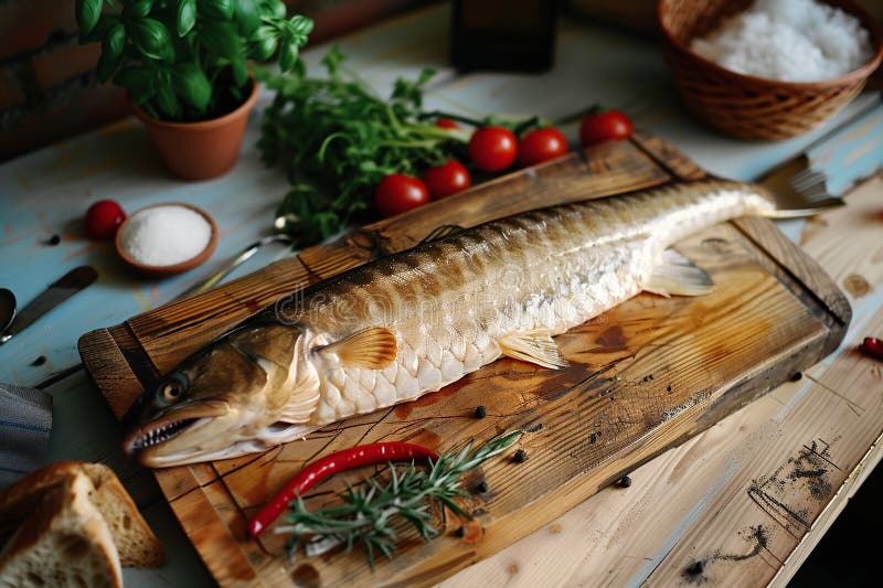 Gar Fish on the Rustic Wooden Board in the Kitchen. Ai Generative Stock ...