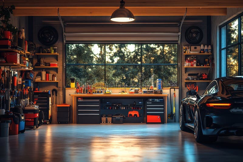 A Garage with a Car and a Workbench Full of Tools and the Garage is ...