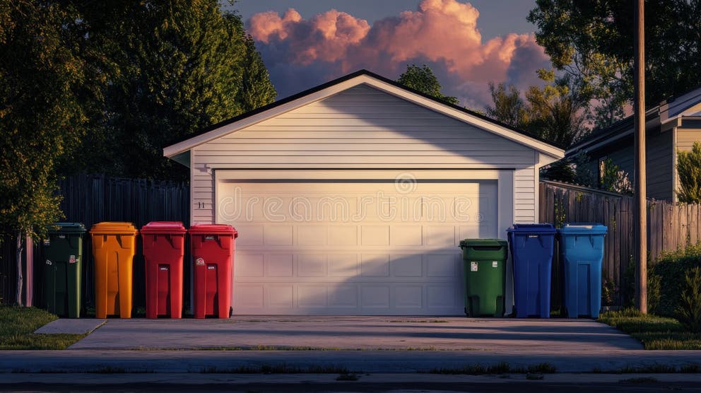 A Garage with a Garage Door and a Row of Trash Cans Stock Illustration ...