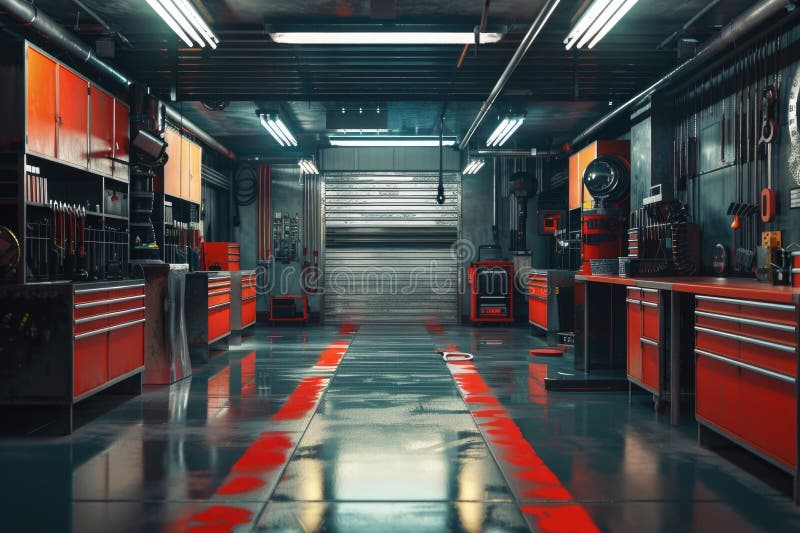 A Garage Filled with Many Red Cabinets for Storing Tools and Equipment ...