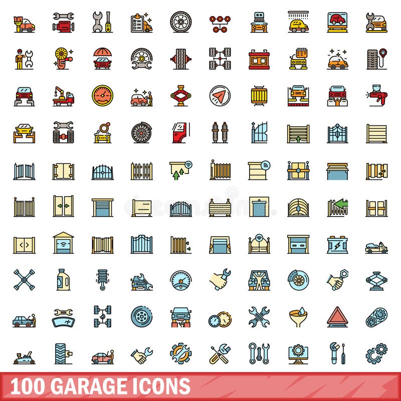 100 Garage Icons Set, Color Line Style Stock Vector - Illustration of ...