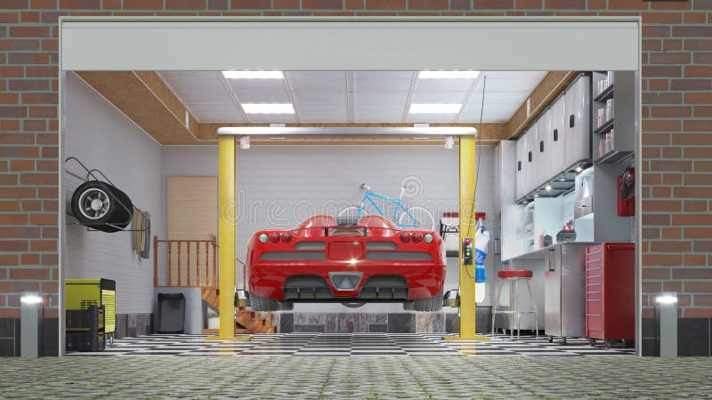 Garage Interior with Car Lift Stock Illustration - Illustration of ...