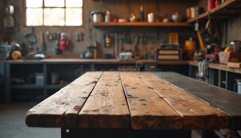 Garage Interior Featuring Wooden Workbench. Tools Hang on Blurred Wall ...