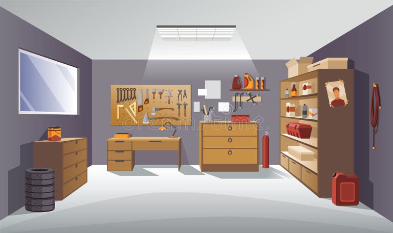 Garage Interior with Instruments, Tools for Carpentry and Repair Works ...