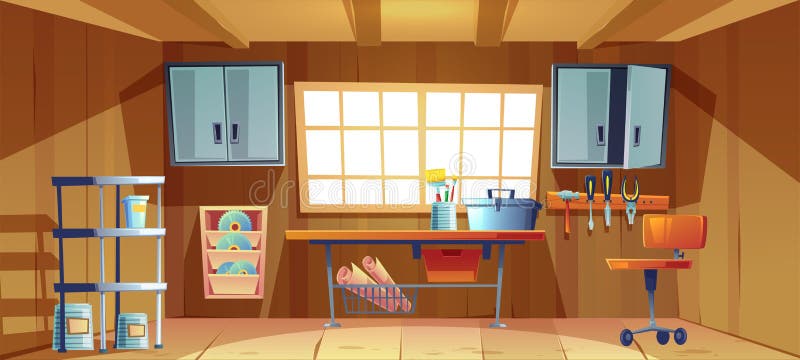 Cartoon Workshop Garage Interior With Tools And Furniture Stock Vector ...
