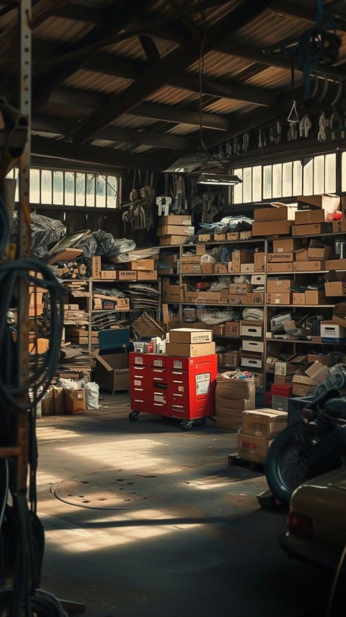 Garage with a Lot of Boxes and Boxes on the Shelves Stock Illustration ...
