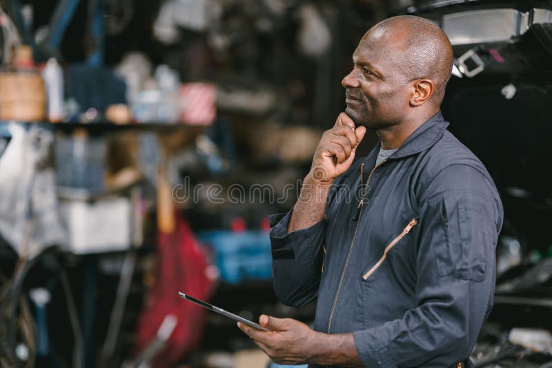 Garage Mechanic Auto Service Worker Man Thinking Problem Cause Car ...