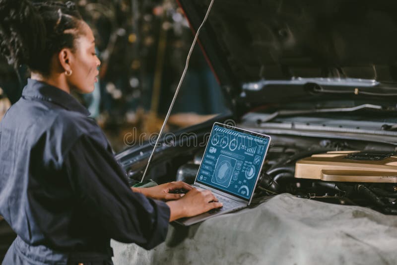 Garage Mechanic Car Engine Engineer Woman Staff Worker Using Laptop ...