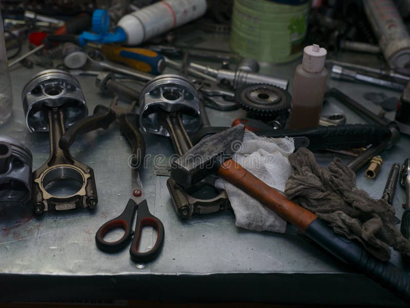 Garage Messy Table stock image. Image of repair, hammer - 119713885