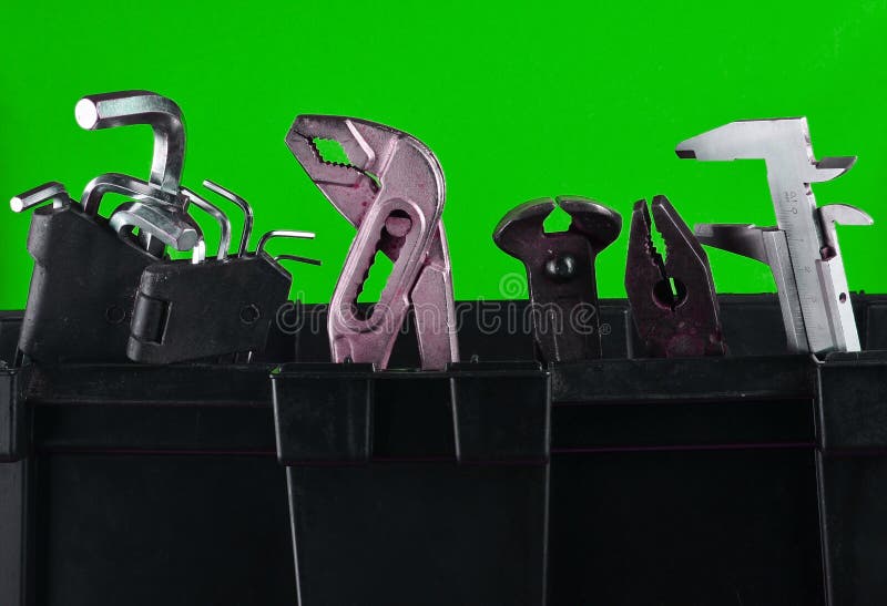 Garage Plastic Tool Box with Working Tools Isolated on Blue. Nip Stock ...