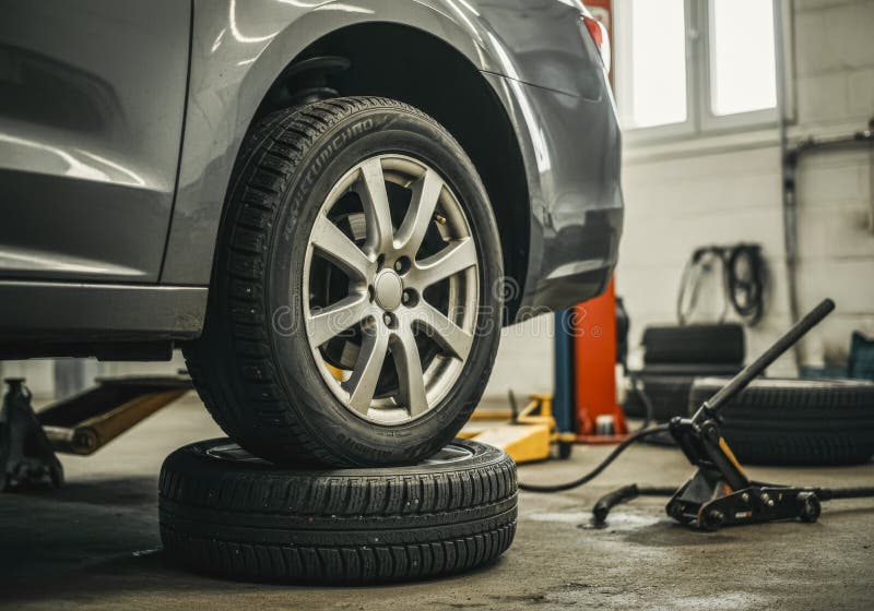 Car Maintenance Scene in Garage Featuring Tire Replacement and Repair ...
