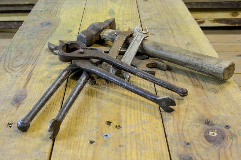 Workbench with Tools Used, Dirty, Rusty Stock Image - Image of retro ...