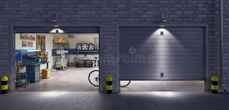 Garage with Two Roller Doors, Look Outside at Night Stock Illustration ...