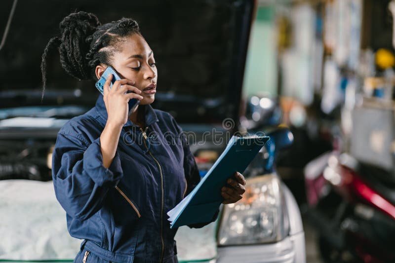 Garage Women Worker Technician Manager Talking Phone Call with Customer ...